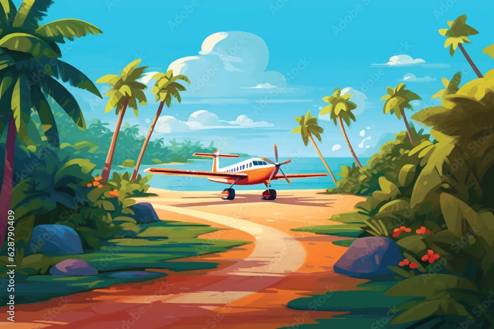 tropical island with palm trees and propeller plane Stock Vector ...