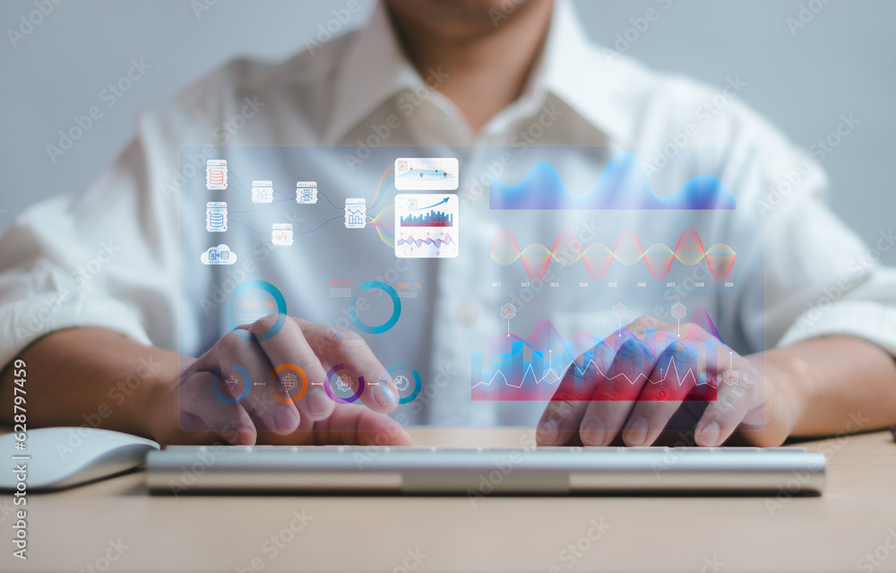 Data analyst working on dashboard with chart virtual screen. concept of ...