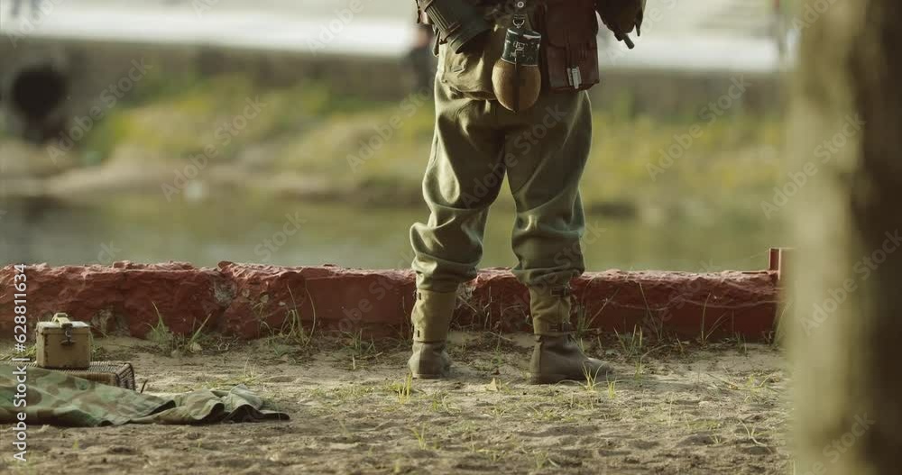 German Soldier Guards Mortar. Re-enactor Dressed As German Wehrmacht ...