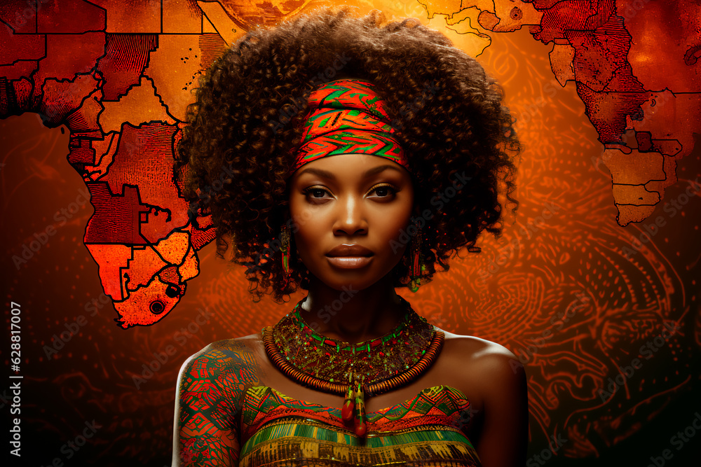African woman in traditional dress. On the background of the map of ...