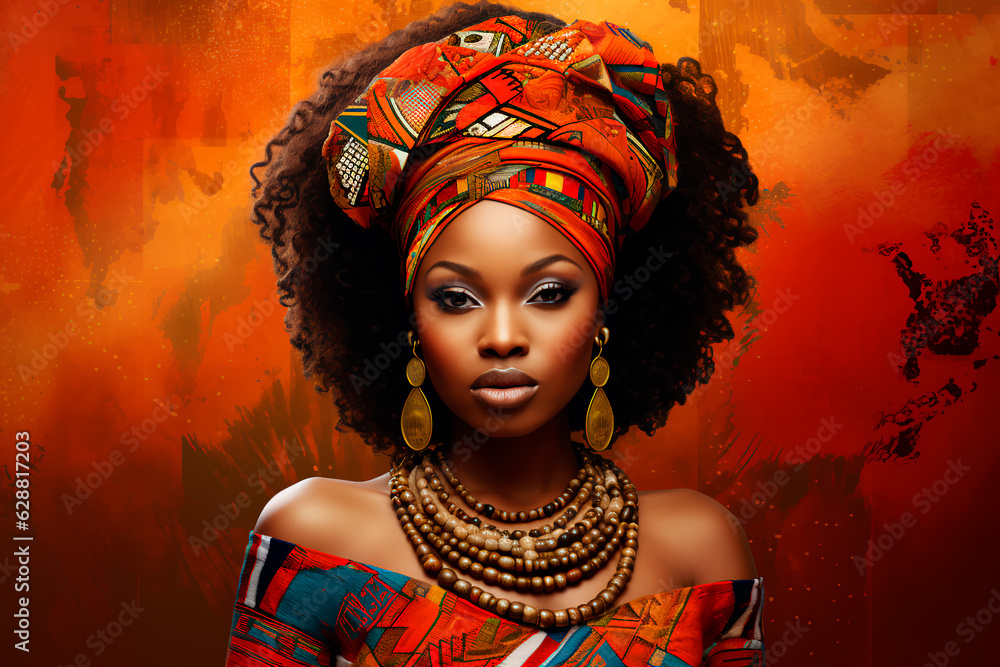 African beautiful woman on the background of Africa. African houses ...