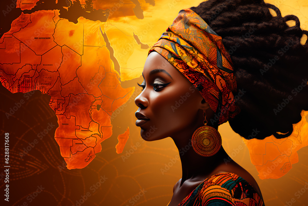 African woman in traditional dress. On the background of the map of ...