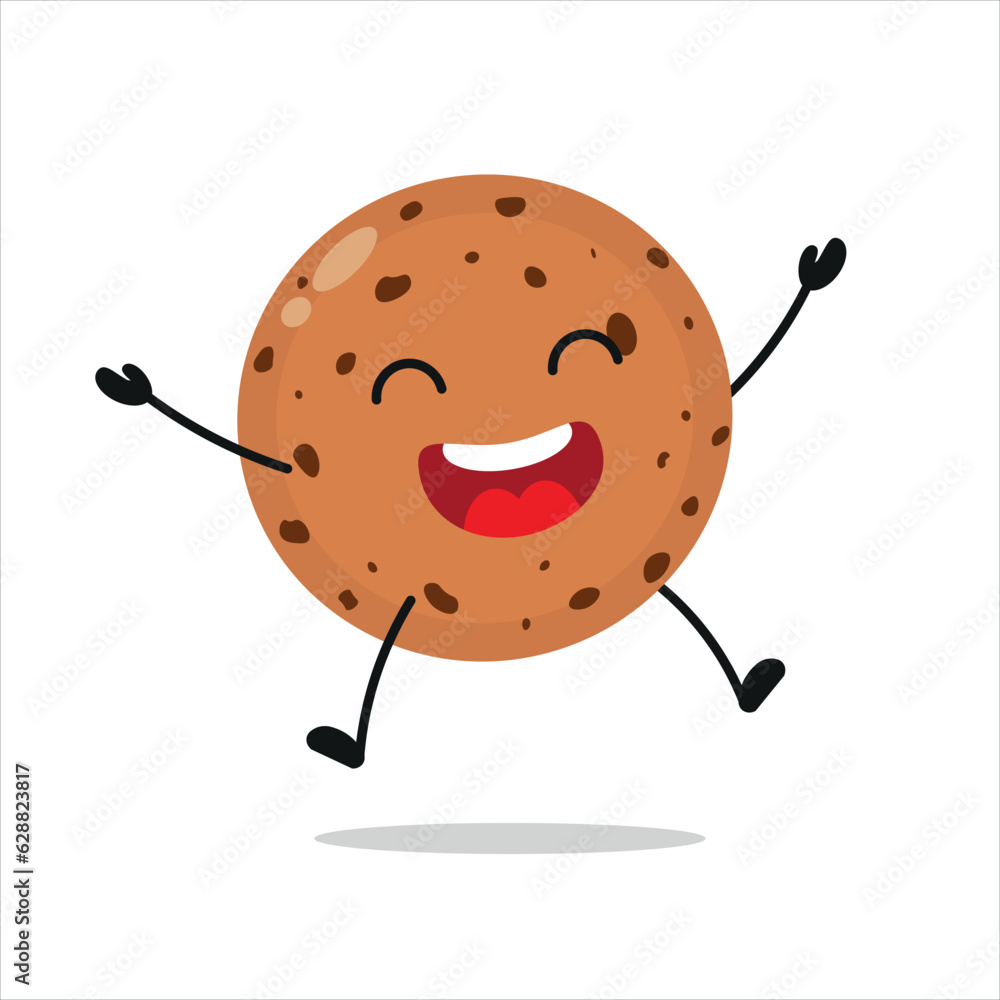Cute happy cookie character. Funny victory jump celebration biscuit ...