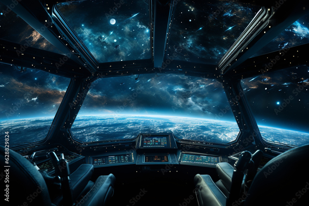 Futuristic Cockpit of spaceship control system room with planets view ...