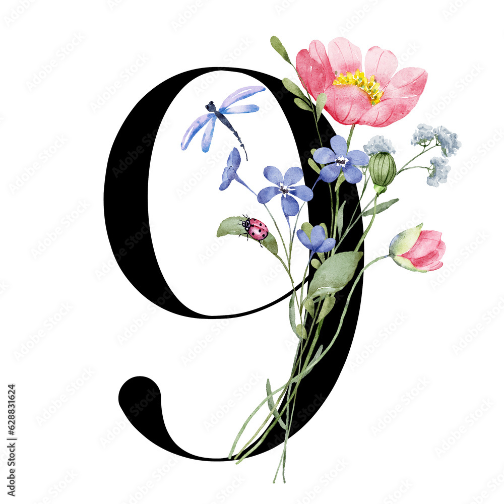 Number 9, nine with watercolor flowers hand painting. Perfectly for ...