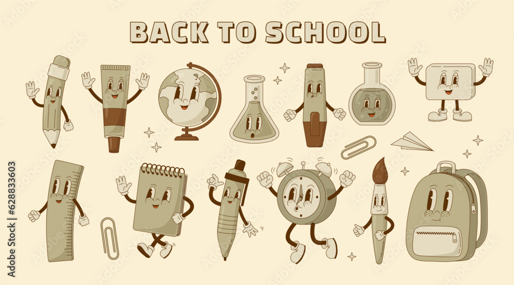 Set of retro cartoon school supplies characters. Pen, pencil, backpack ...