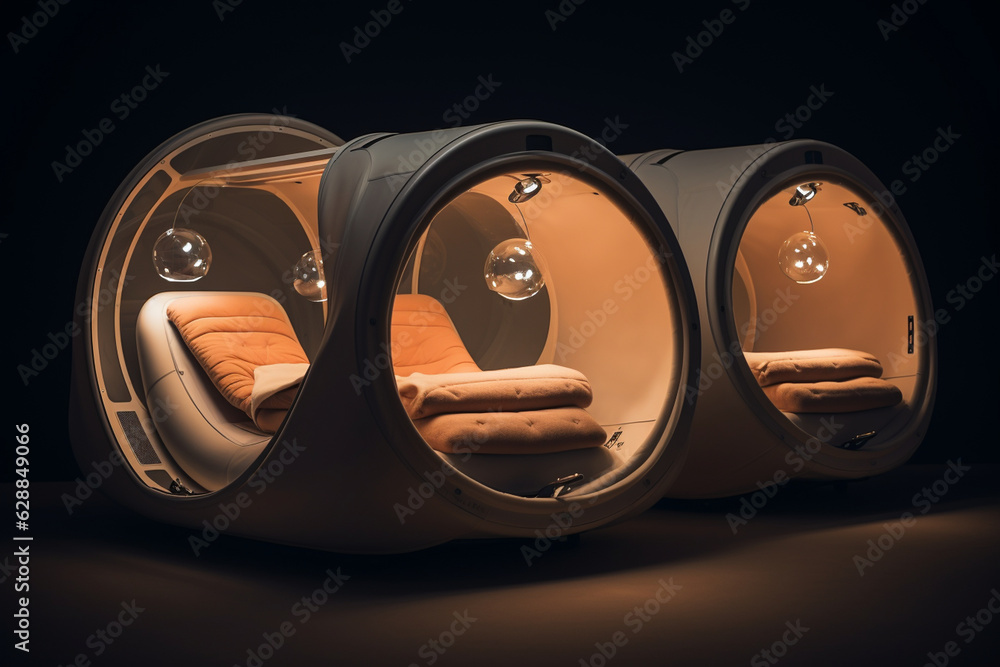 Create a sleeping module with cocoon-like pods, equipped with ...