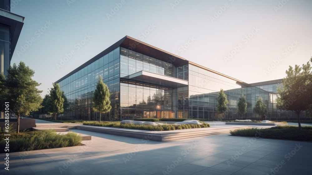 The exterior of a modern corporate building demonstrating clean design ...