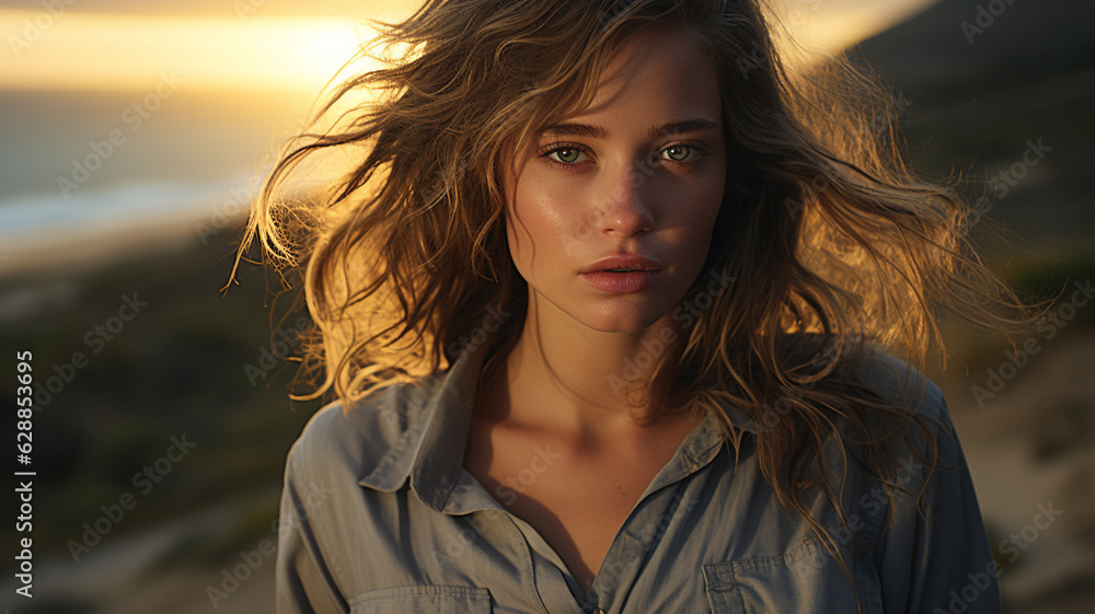 beautiful young model with long curly hair posing in the desert ...