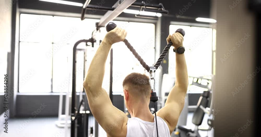 Rear side view of man holding dumbbell lifting equipment behind back ...