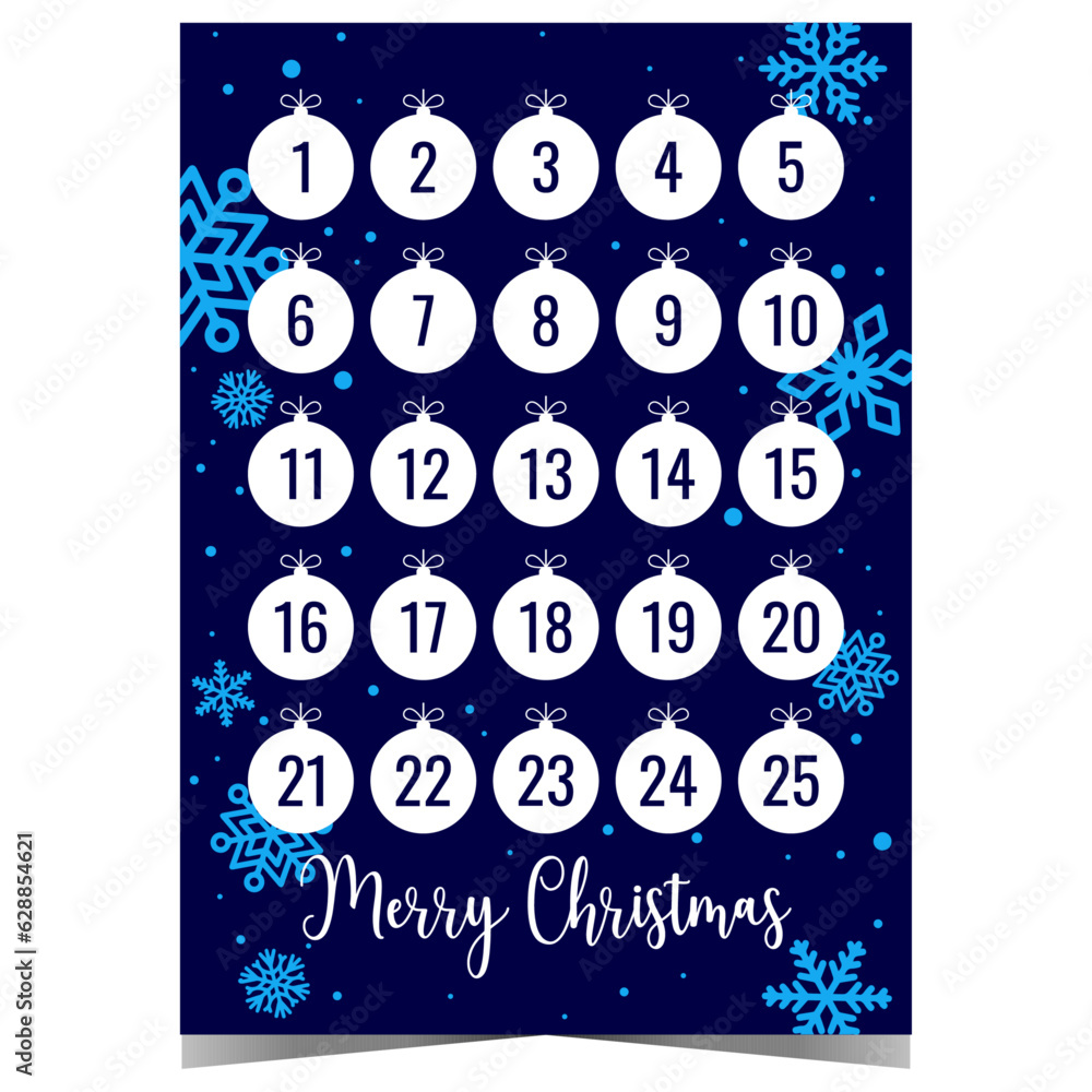 Christmas Advent calendar with tree balls or globes and snowflakes on ...