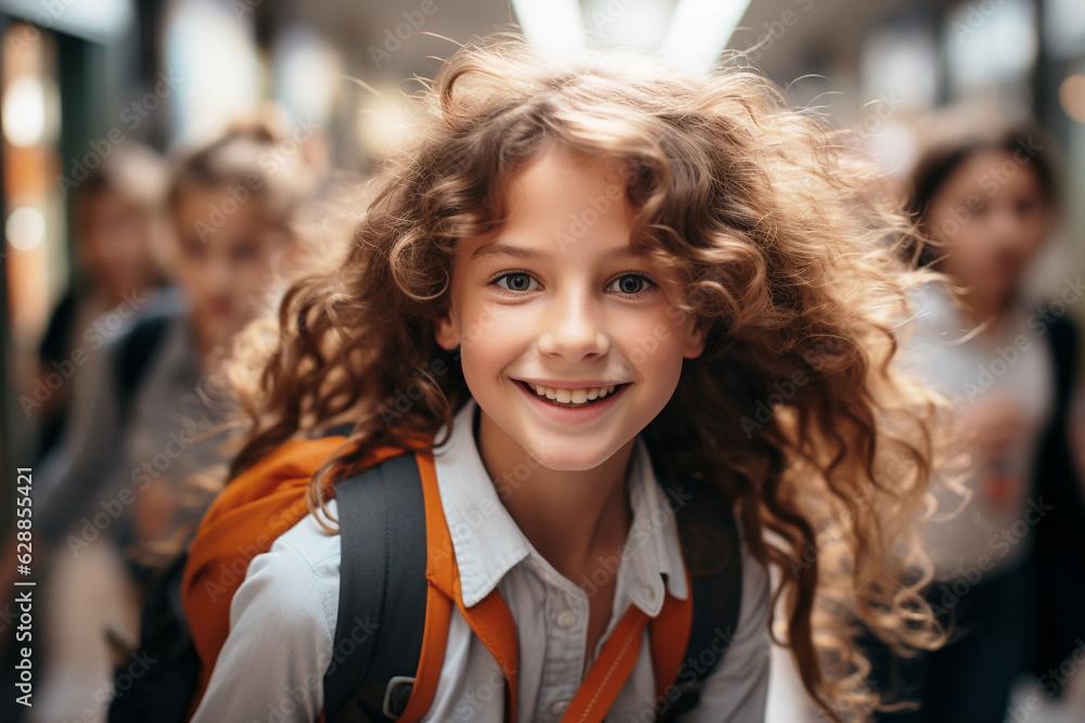 Enthusiastic pupils wearing smiles run joyfully through a school ...