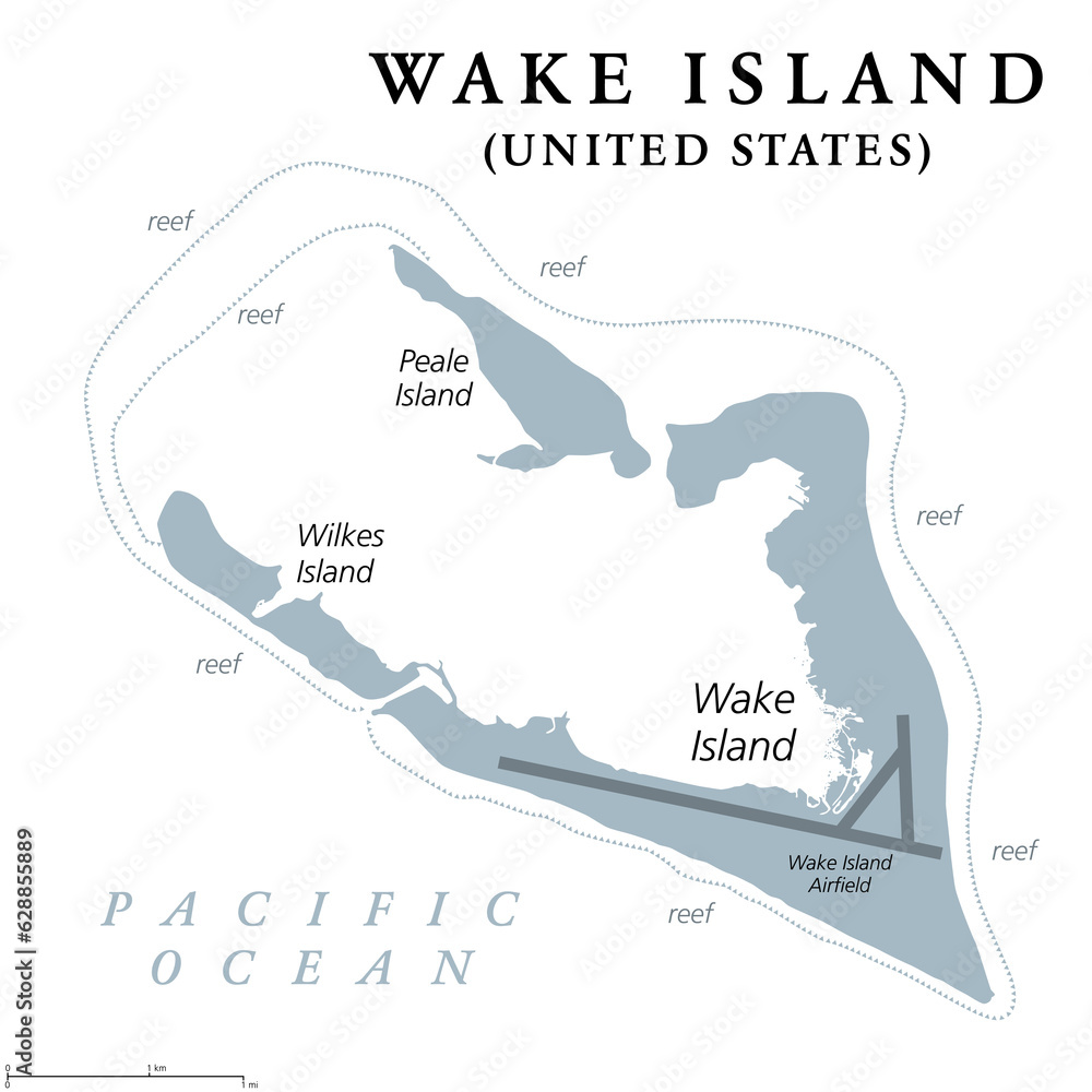 Wake Island, gray political map. Also called Wake Atoll, a coral atoll ...
