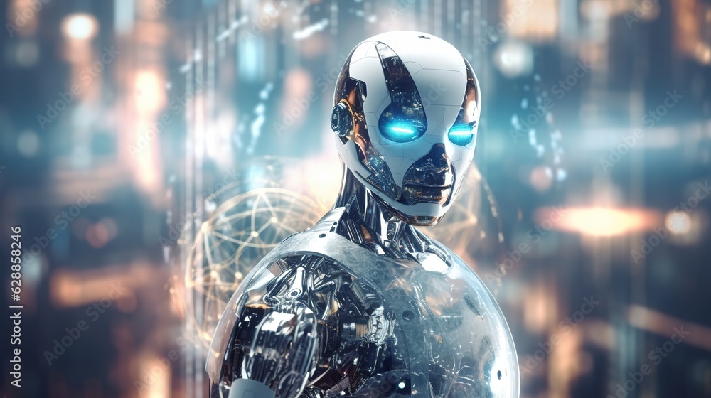 Robot with integrated artificial intelligence on futuristic background ...