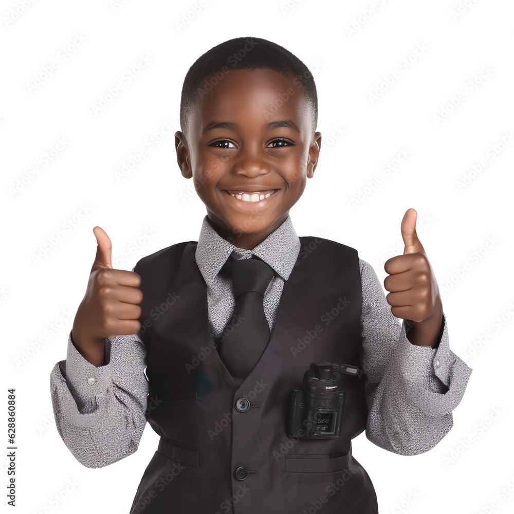 front view close up of a black African boy model dressed in Journalist ...