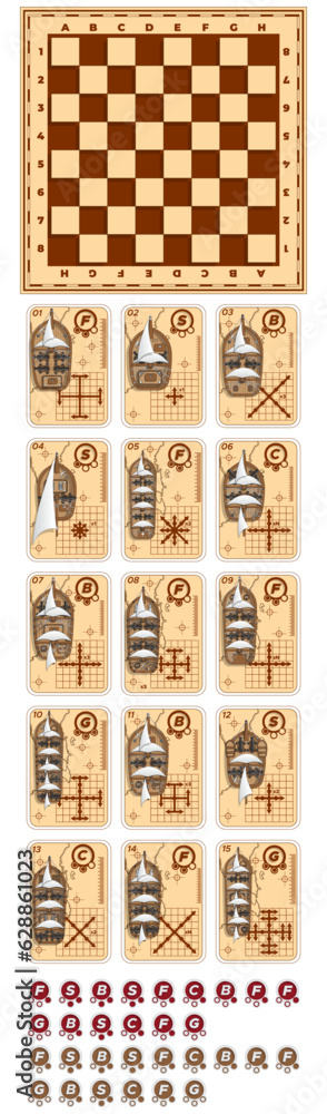 A set of stylized chess on a marine theme with cards of ships. Isolated ...