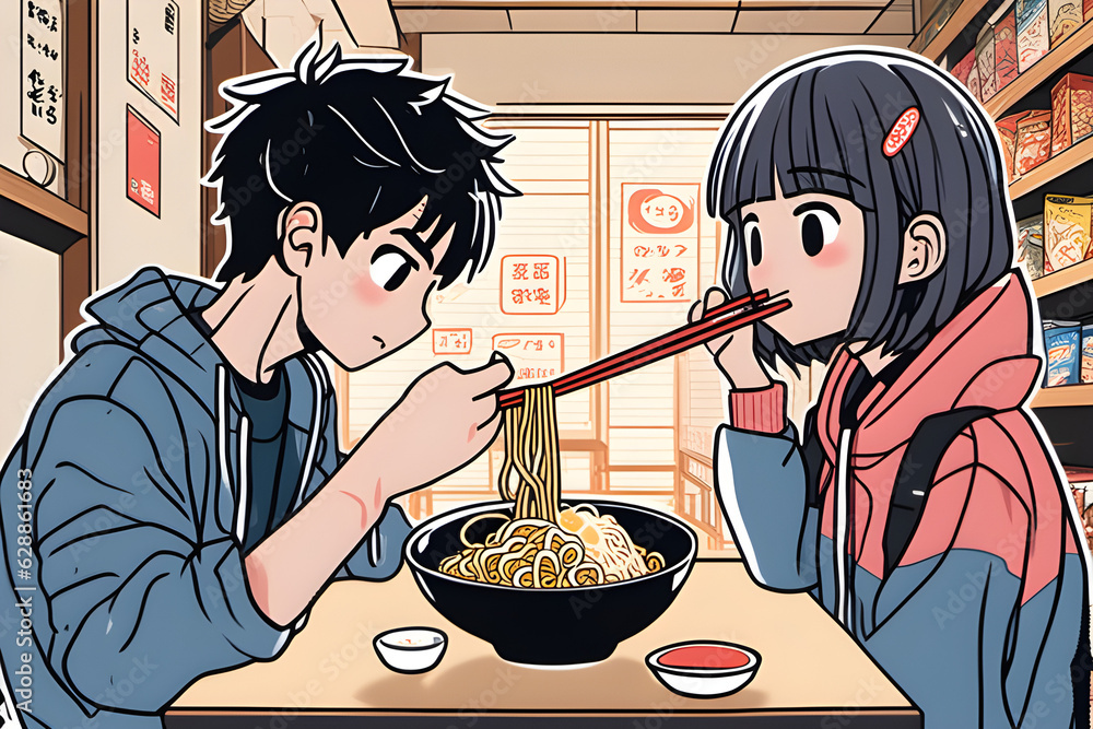 a boy and a girl who eat ramen and snacks in a comic room Stock ...