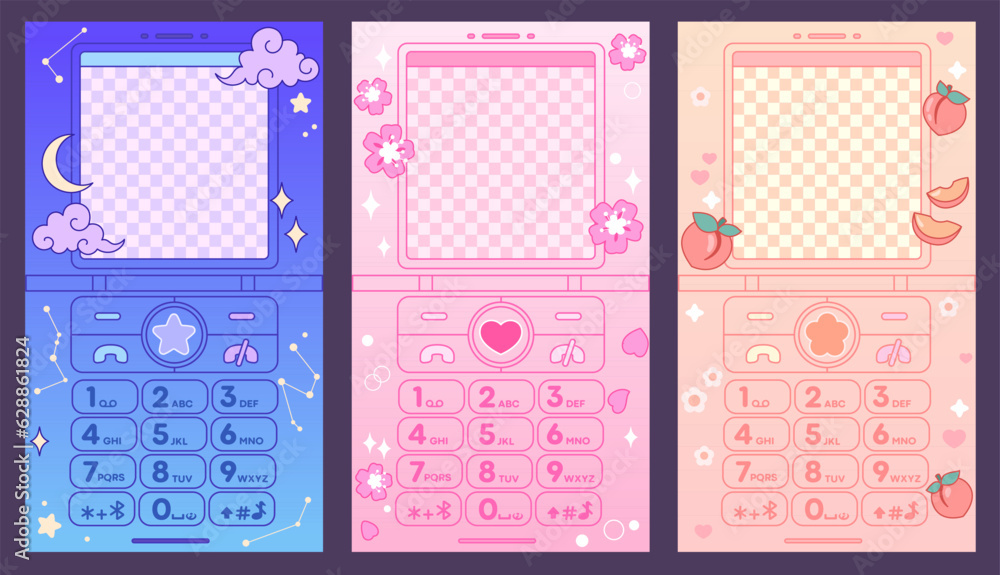 Cute old flip phone backgrounds set. Kawaii stories templates. Social ...