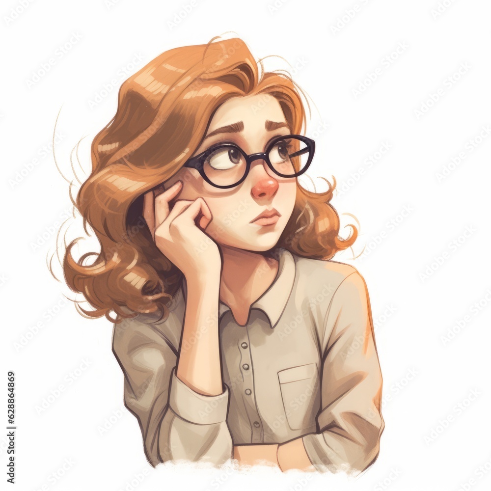White girl in thinking and doubts cartoon illustration. Cute kid ...