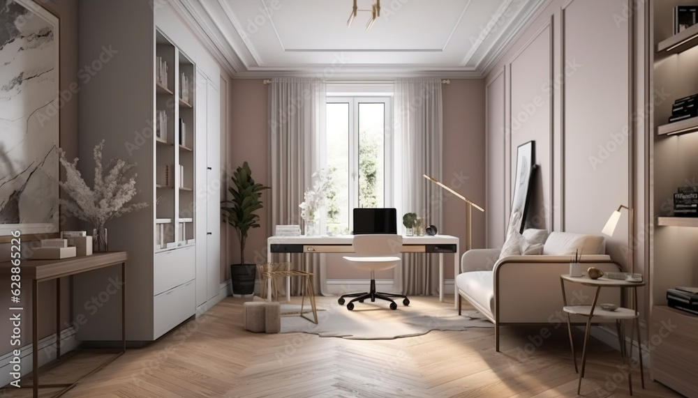 3d rendering interior of cozy living room. Remote working and work from ...