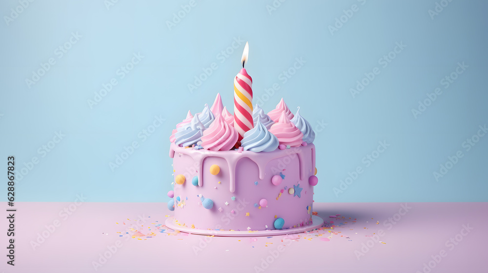 Pastel colored birthday cake decorated with cream and candles with ...