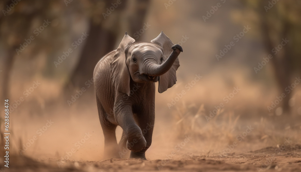 An adorable baby African Elephant with ears flapping and trunk extended ...