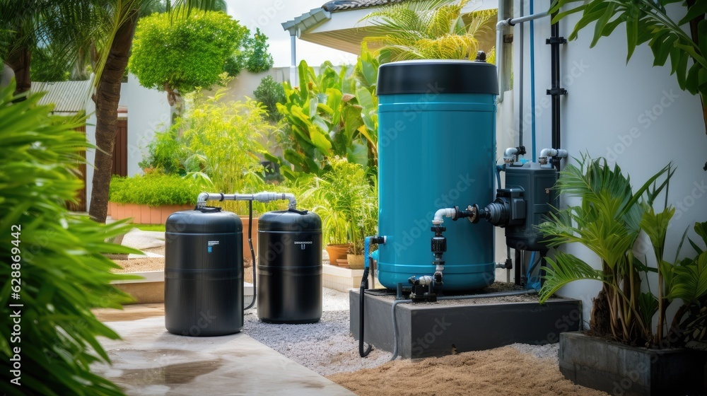 A rainwater harvesting system with a water tank and filtration unit ...
