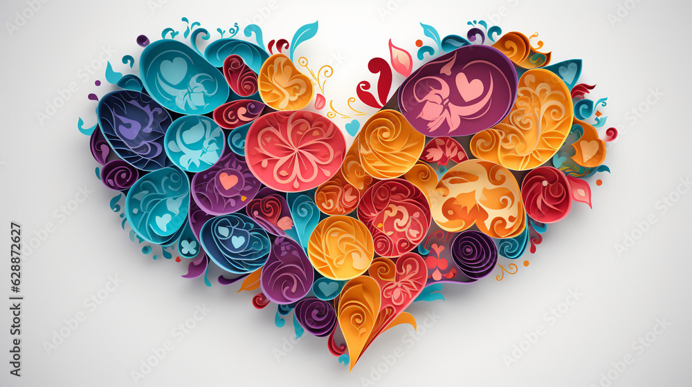 A world map with intertwining hearts and peace symbols, symbolizing ...