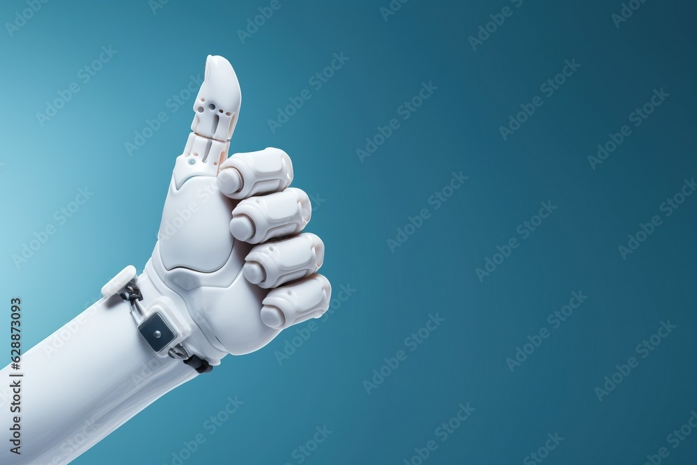 High detailed robot hand thumb up isolated on blue background. Robotic ...