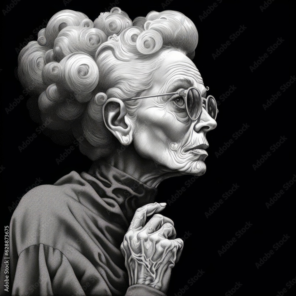 White old woman in thinking and doubts monochrome illustration. Female ...