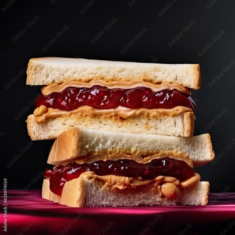 Gooey peanut butter and jelly sandwiches sliced and stacked high with oozing jelly created with ...