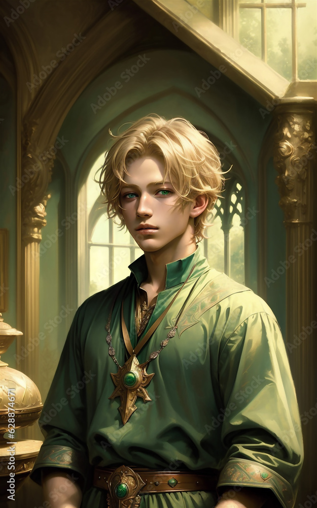 Medieval style handsome boy. Medieval background design. Portrait of a ...