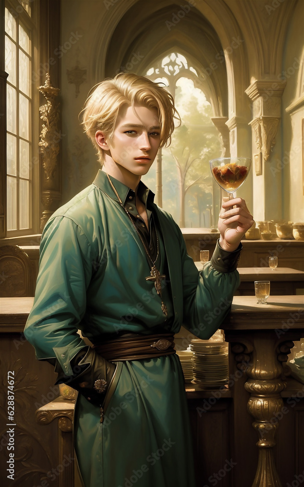 Medieval style handsome boy. Medieval background design. Portrait of a ...