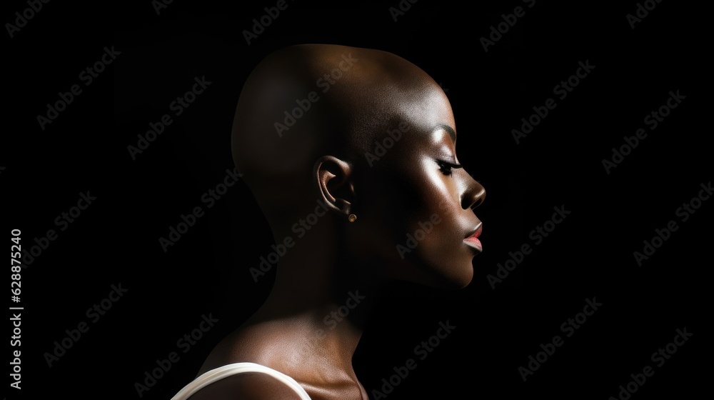 Emotional portrait of a bald African woman on black background Stock ...