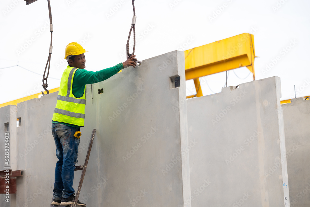 Reinforced concrete structures. Man construction worker control large ...