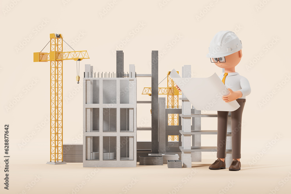 Cartoon civil engineer man reading blueprint on construction site Stock ...