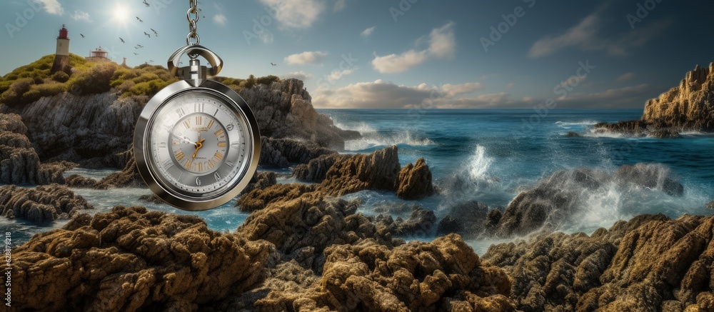 Island landscape with compass and lighthouse in background, location ...