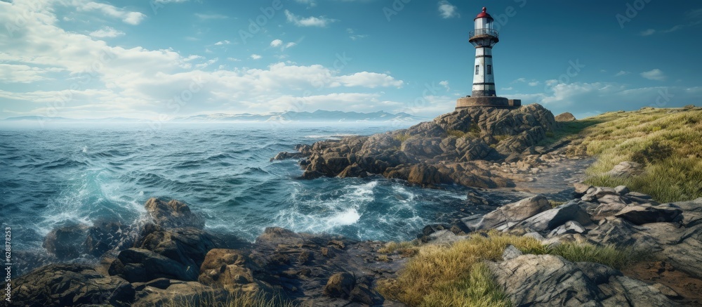Island landscape with compass and lighthouse in background, location ...
