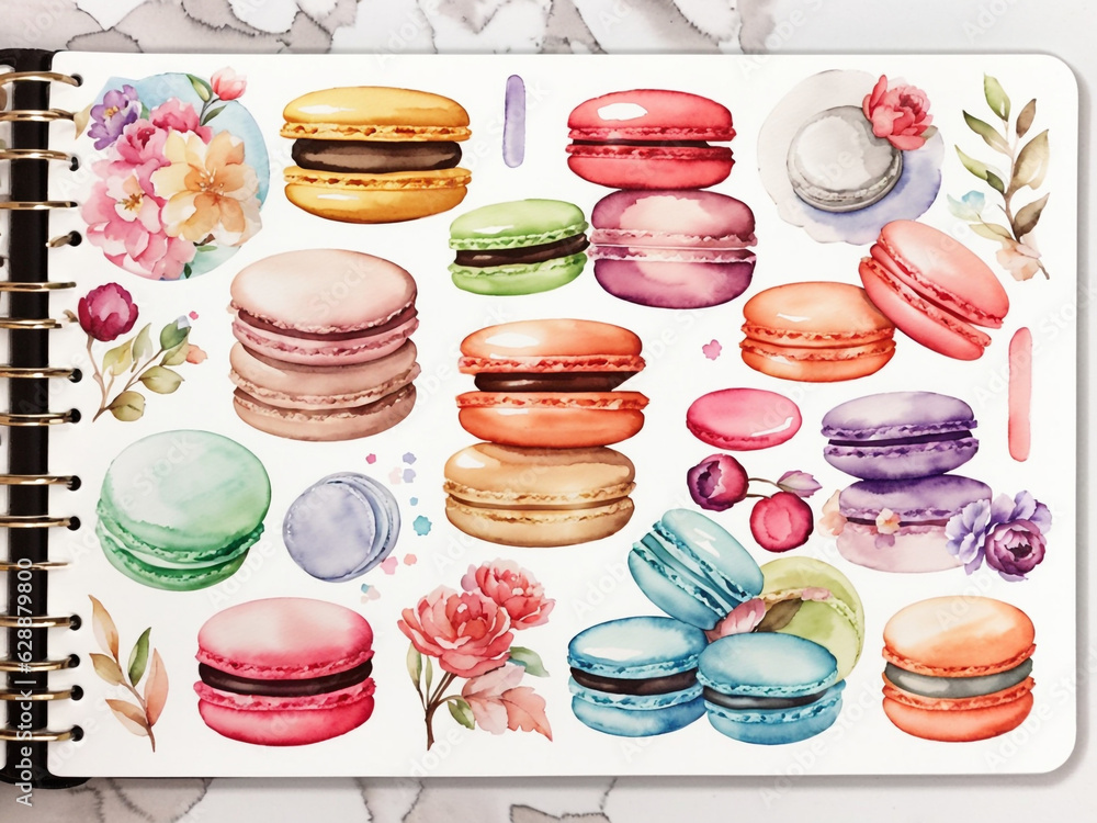 sticker sheet French pastries, muffins, macarons, Watercolor Clipart ...