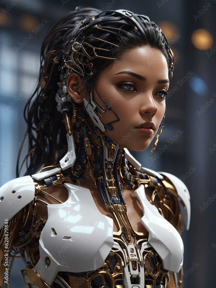 Humanoid robot waist with ai. white cybernetic robotic cyborgs on blue ...