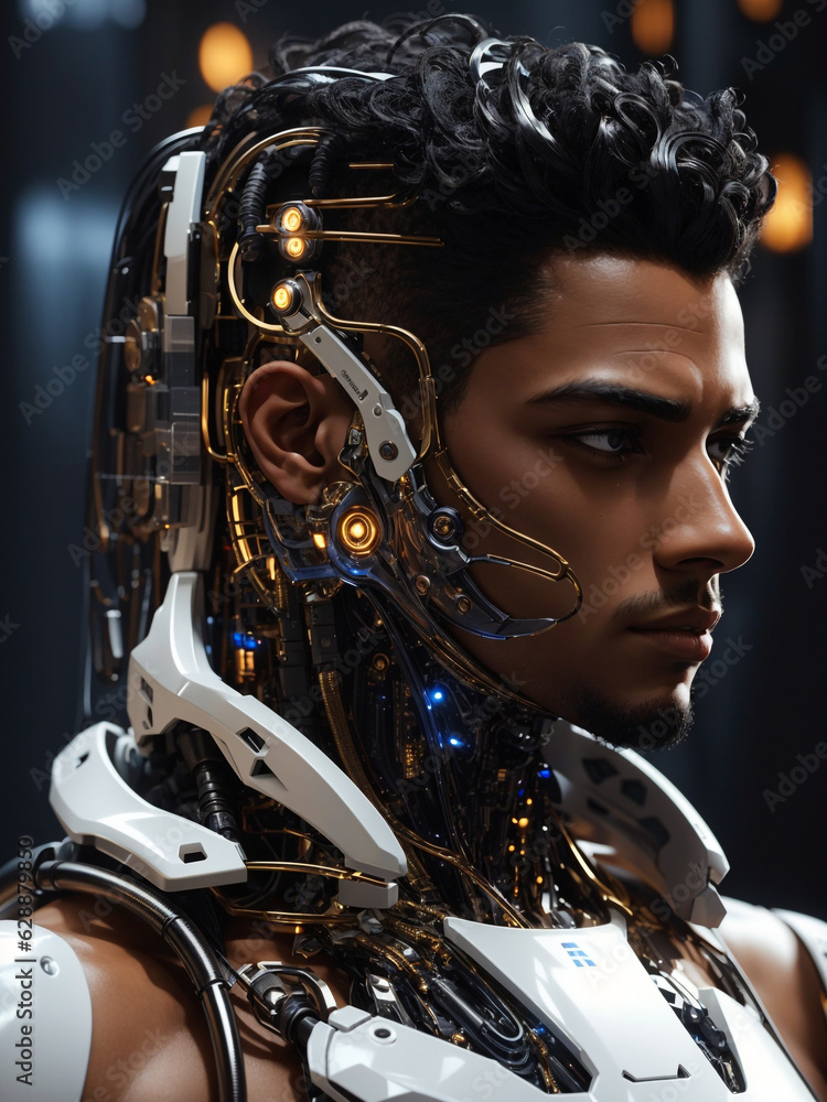 Humanoid robot waist with ai. white cybernetic robotic cyborgs on blue ...