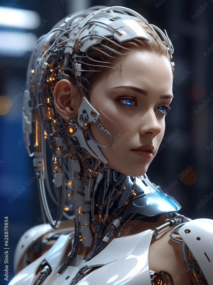 Humanoid robot waist with ai. white cybernetic robotic cyborgs on blue ...