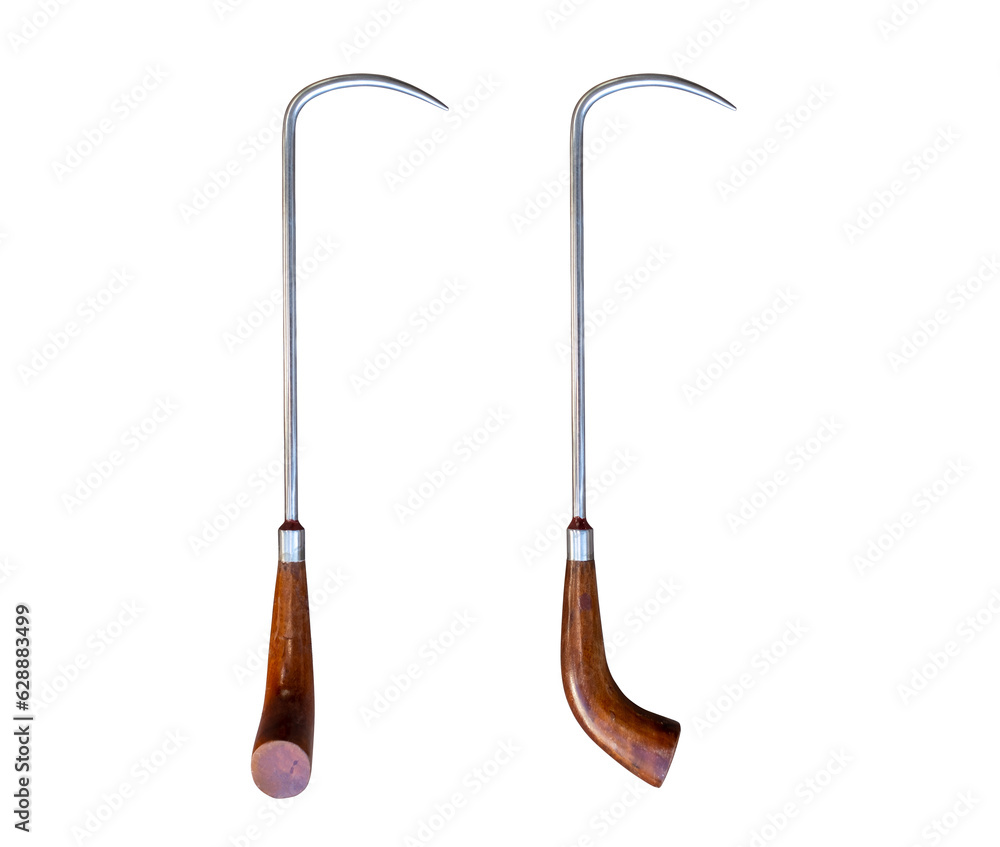 stainless steel meat hook or rice sack hook with wooden handle isolated ...