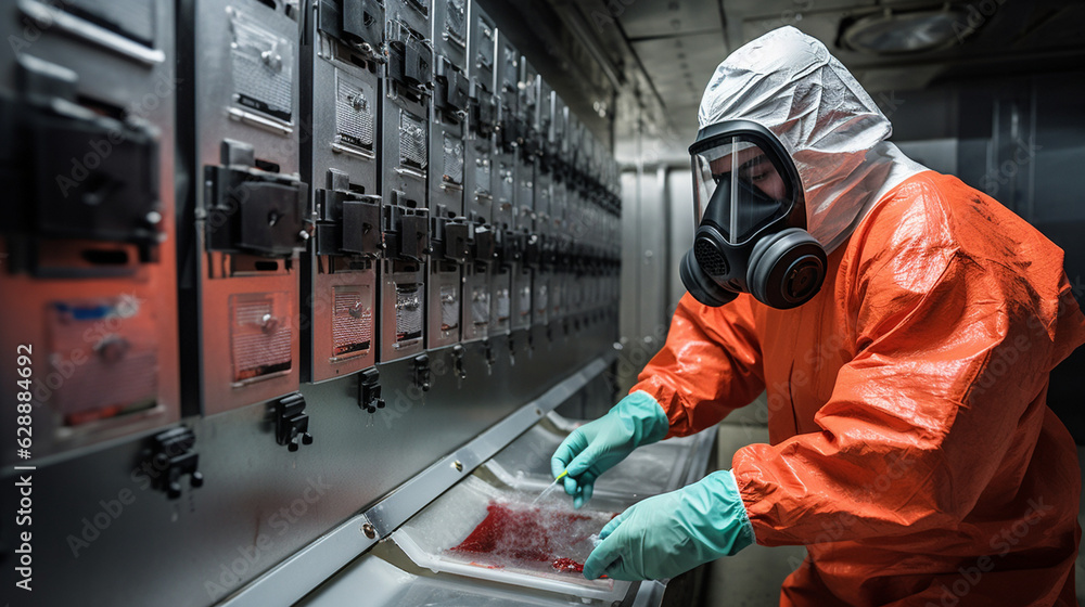 A worker handling hazardous materials inside a sealed containment ...