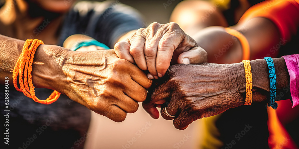 Triumphant trio of older women crossing a finish line in unity ...