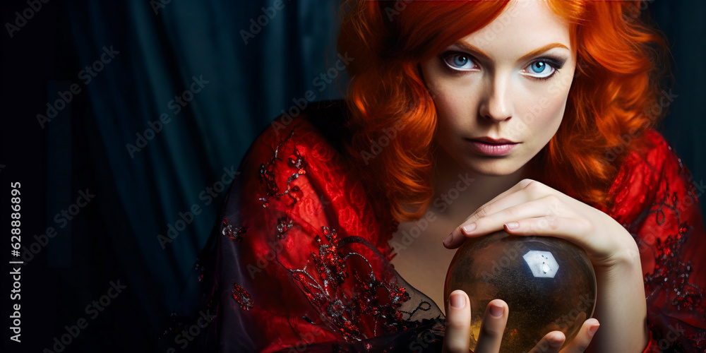 Mystical redhead woman in a lavish velvet cape, engaged with a glowing ...