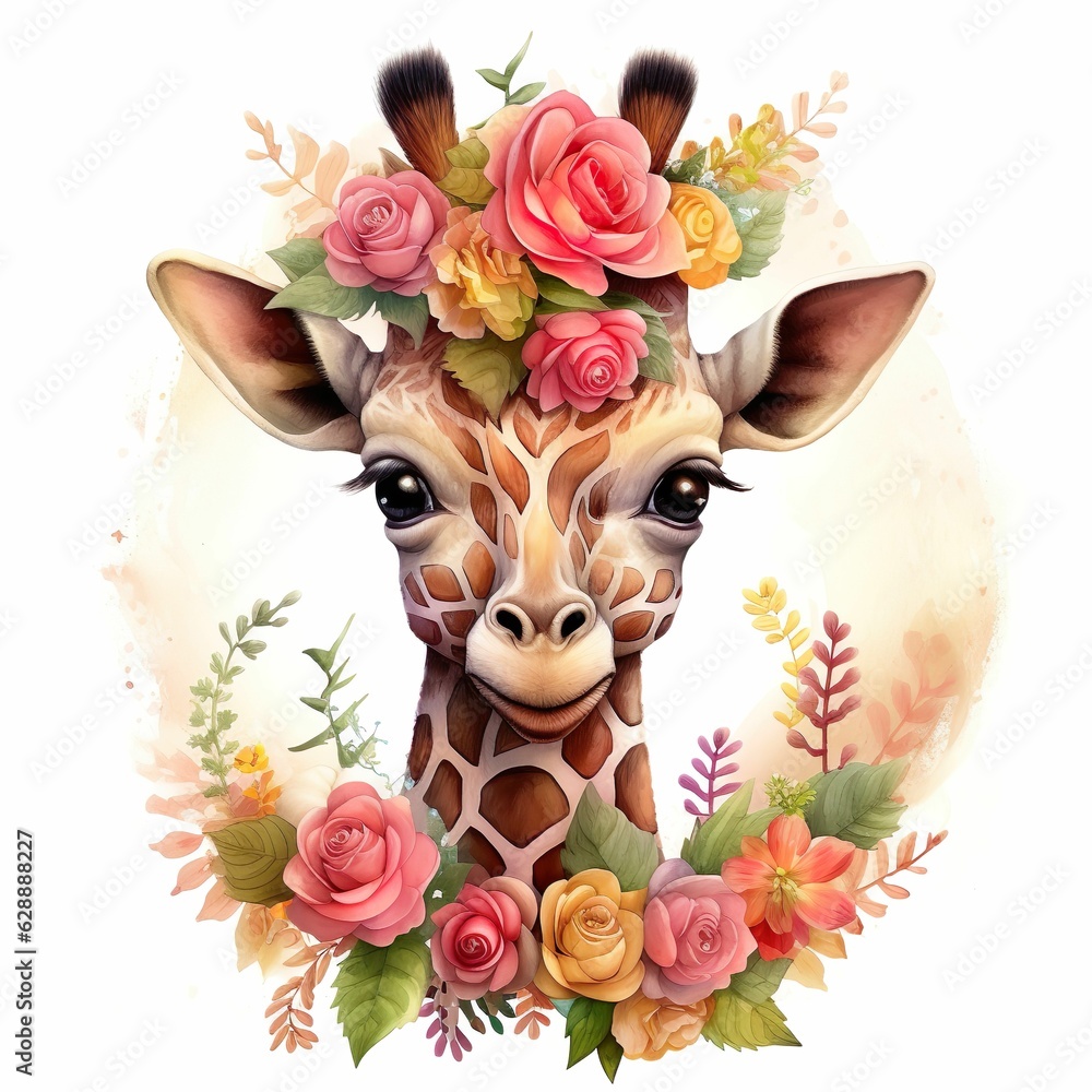 AI generated illustration of a cute cartoon giraffe with a floral ...