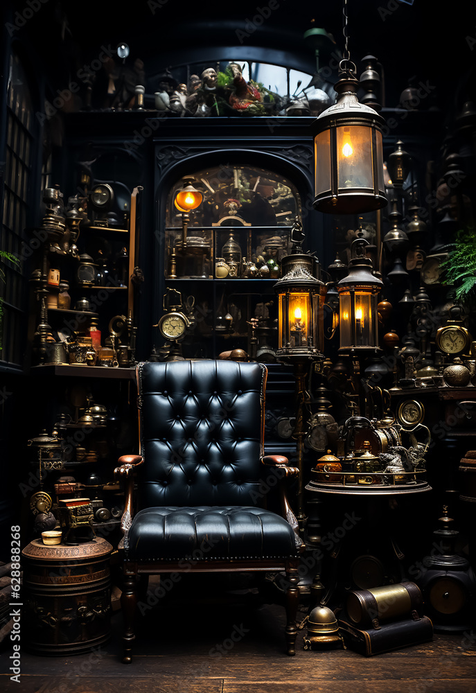 Vintage Antiques and equipment like wall clock, world map, treasure box ...