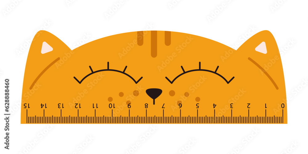 Vector cute cat measuring ruler. Student measuring tool with funny ...