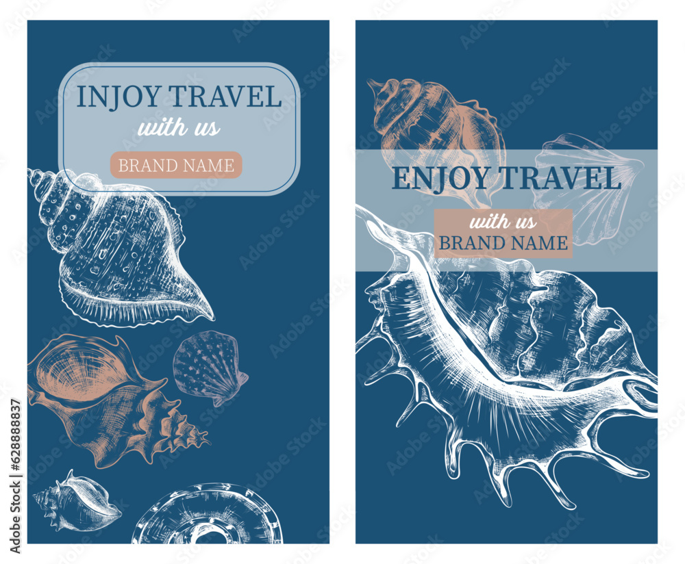 Sea shells. Hand drawn marine vertical posters with hand drawn sketch ...